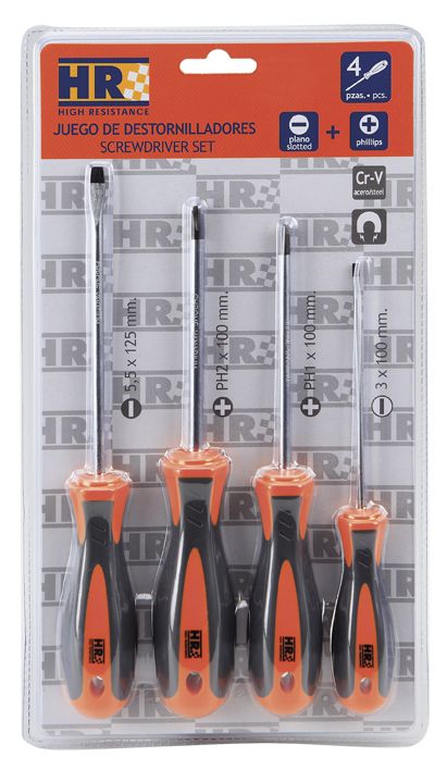 HR - JUEGO DE 4 DESTORNILLADORES CON PUNTA PLANA, RECTA Y PH, EN BLISTER HR ALYCO